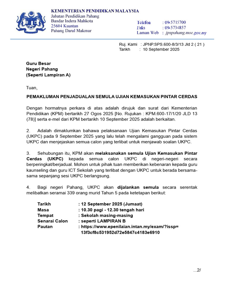Surat Makluman Ukpc 2025 (Kemasukan Ke ASP) | PDF