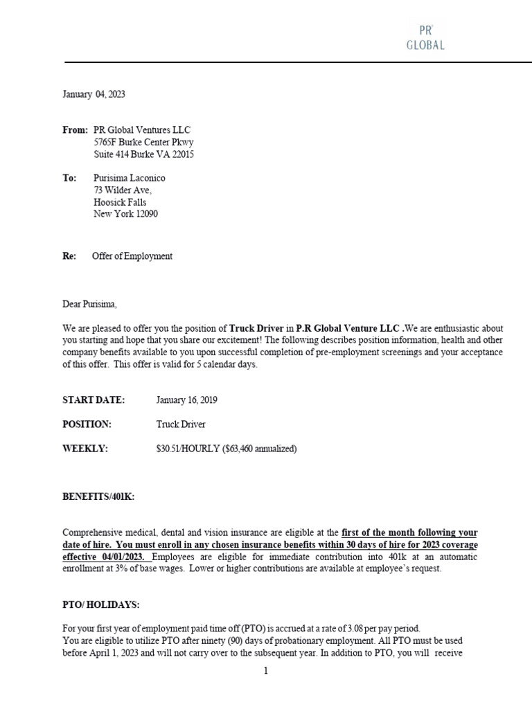 Offer Letter 1 | PDF | Employment | Labor Relations