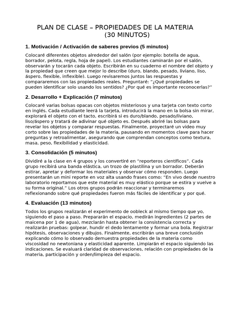 Plan de Clase Propiedades de La Materia | PDF | Importar