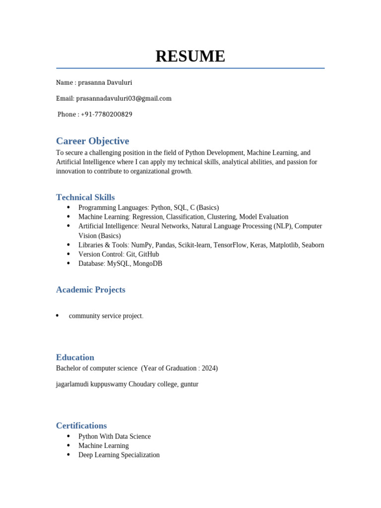 Fresher Resume Prasanna | PDF
