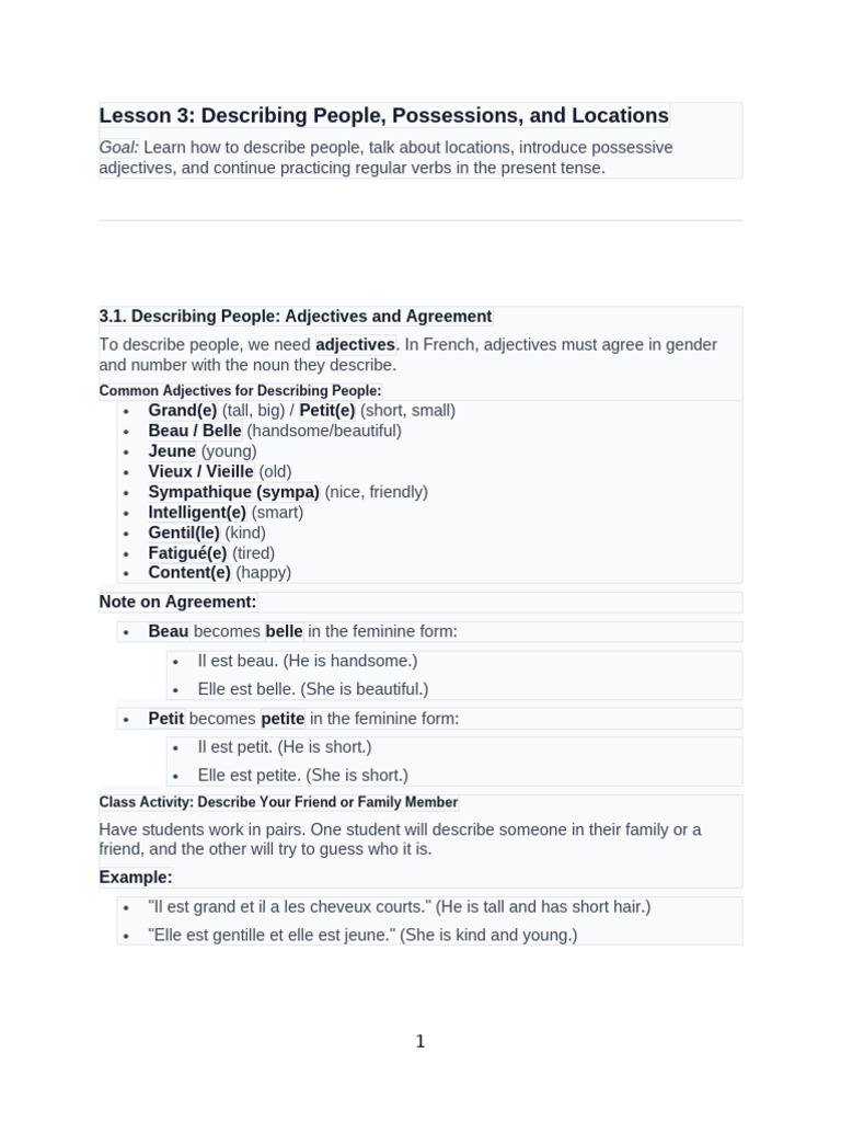 Describing People and Locations in French | PDF | Grammatical Gender ...