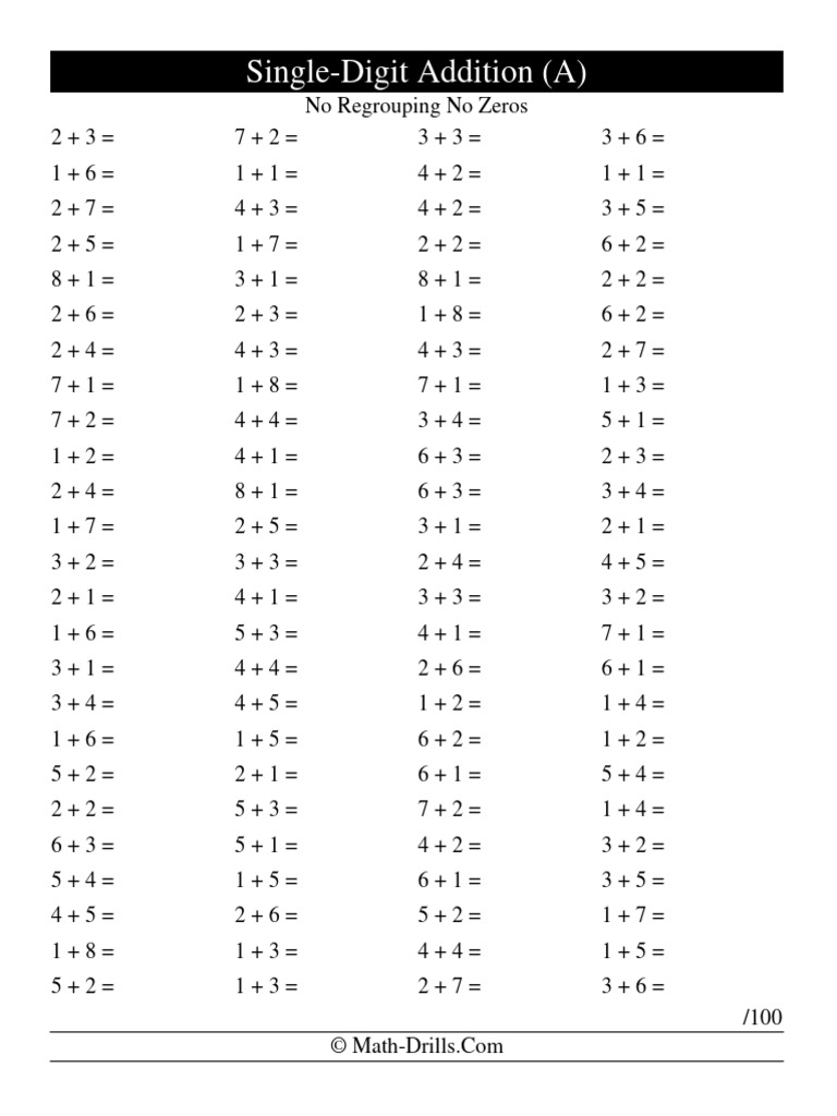 Addition Single-Digit Noregrouping Nozeros 100 001qp.1405980863 | PDF