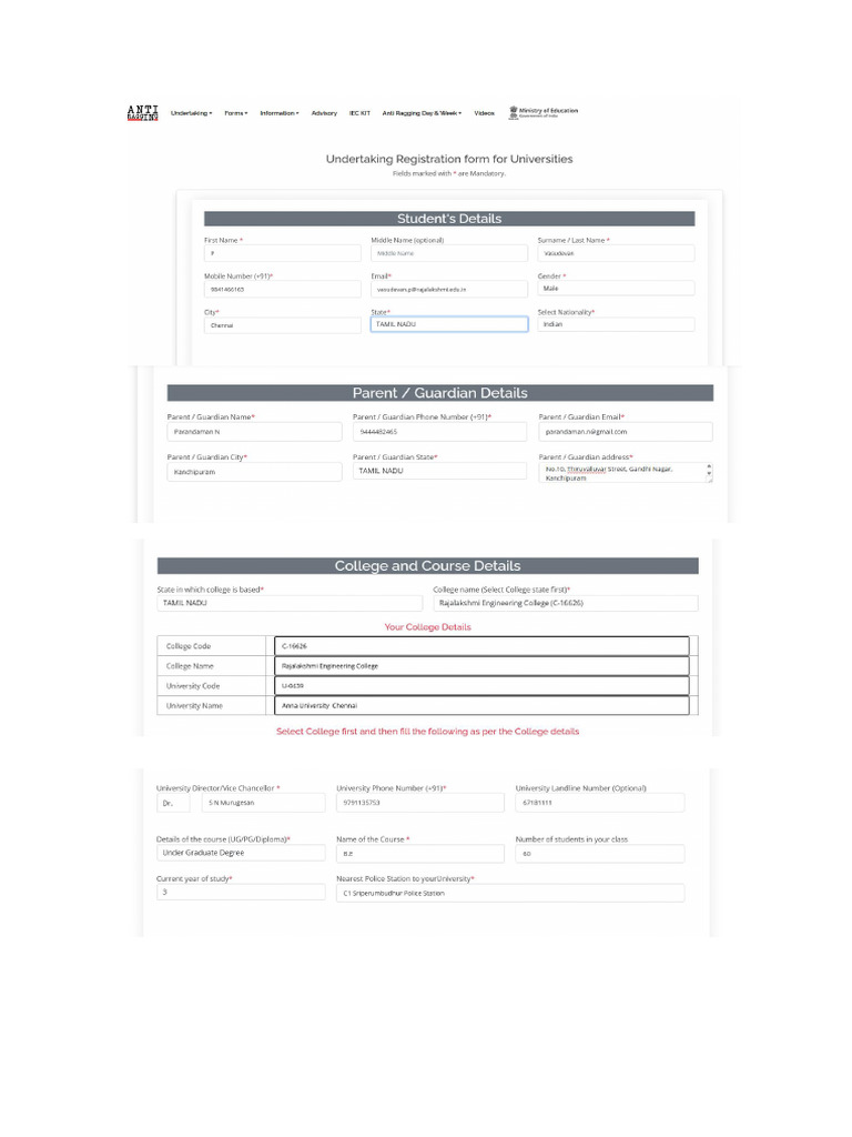 Filled Sample Anti-Ragging Form For Your Reference | PDF