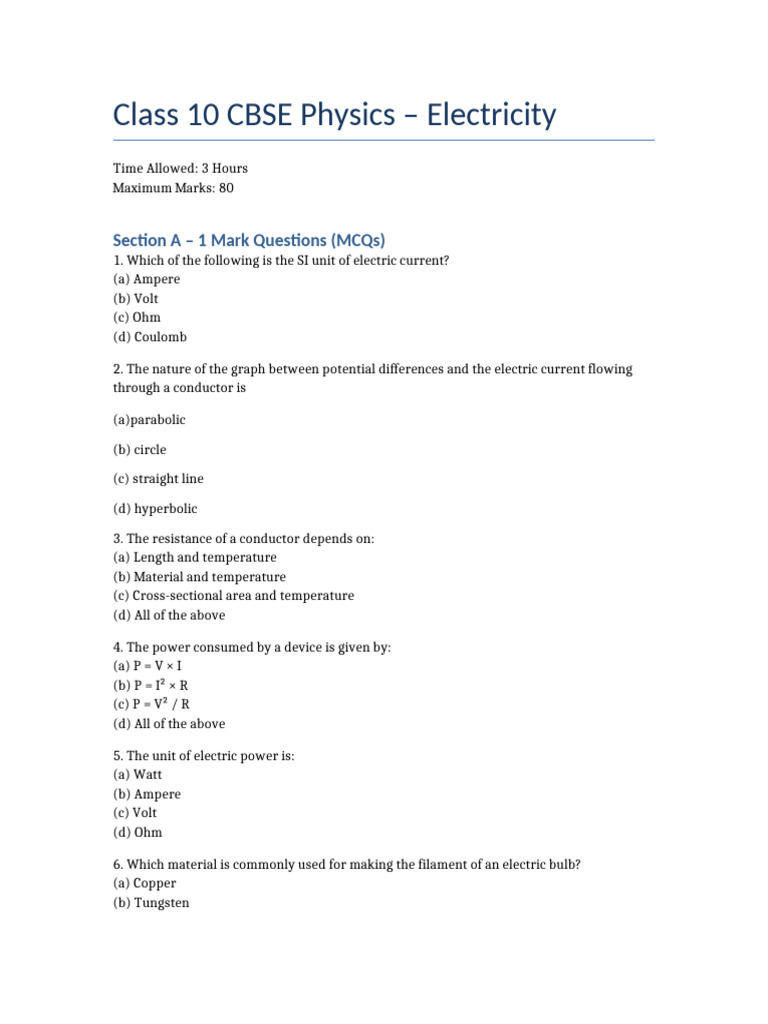 CBSE Class10 Physics Electricity Model Paper-1 | PDF | Electric Current ...