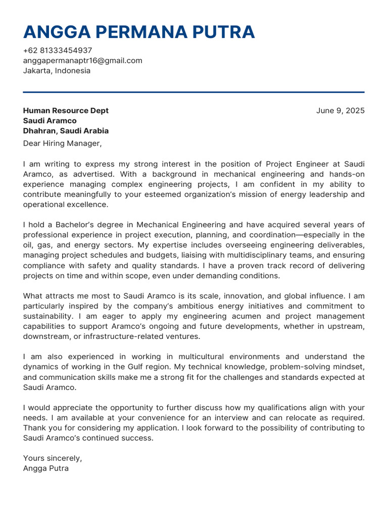 Cover Letter Project Engineer Saudi Aramco | PDF