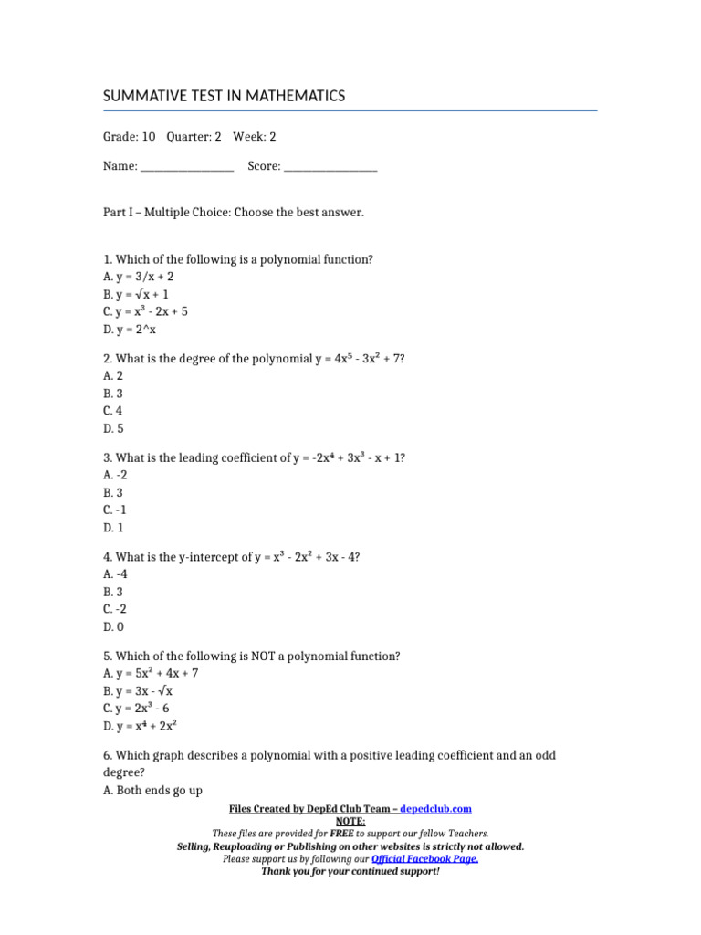 Summ Test Math 10 Q2 W2 | PDF | Polynomial | Mathematical Concepts