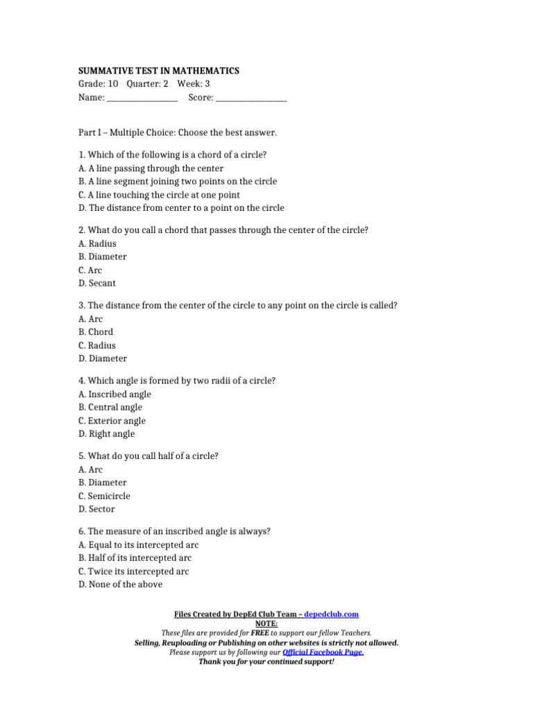 Grade 10 Mathematics Summative Test | PDF | Circle | Angle