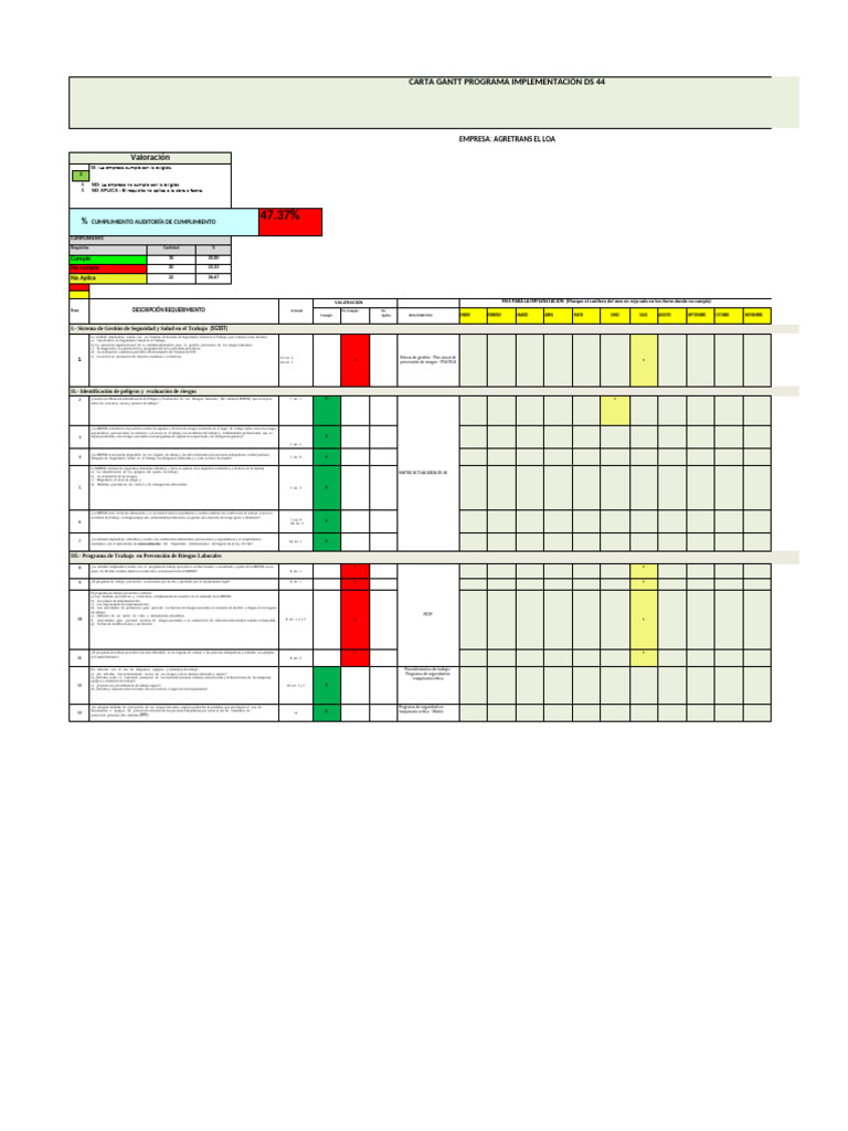 Carta Gantt Programa de Implementacion DS 44 | PDF | Seguridad y salud ocupacional | Riesgo