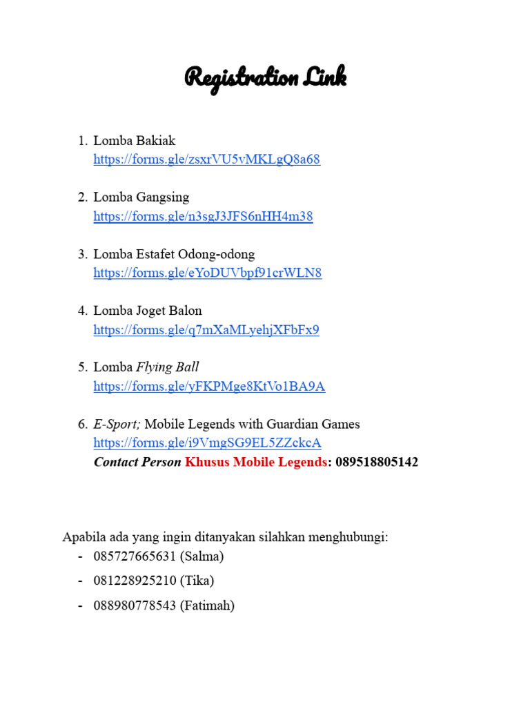 Event Registration Links for Competitions | PDF
