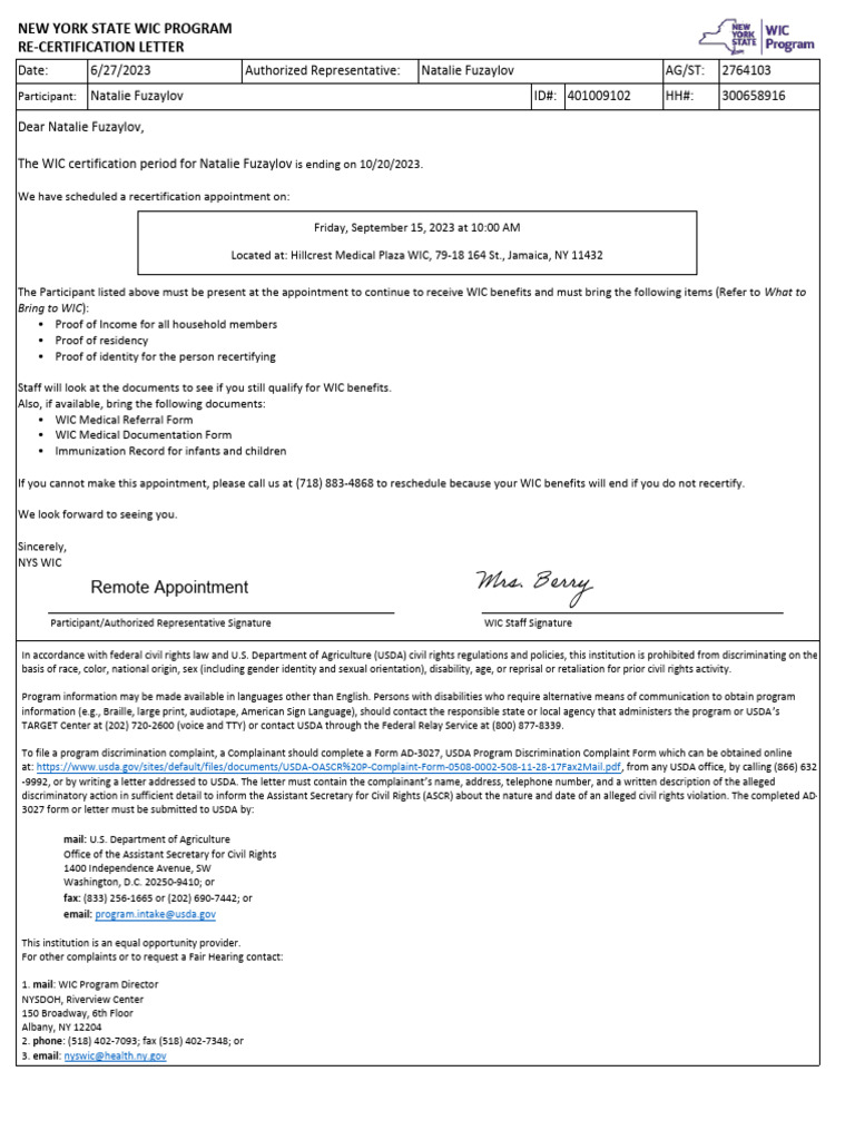 WIC Recertification Appointment Notice | PDF | United States Department ...