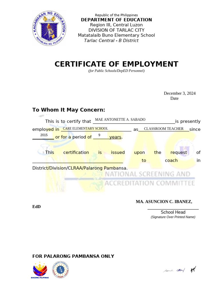 Certi of Employment 2024 | PDF