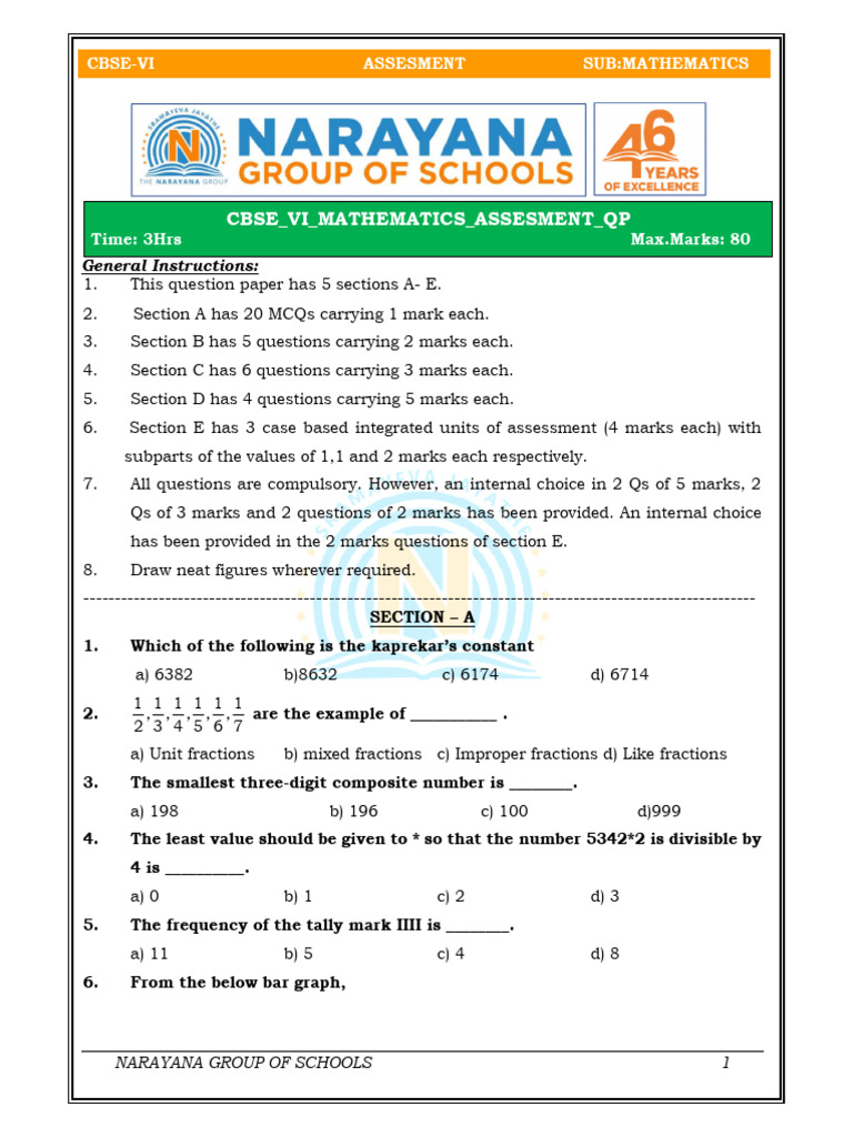 Maths Cbse Vi Mathematics Assesment QP Assignment | PDF | Numbers ...