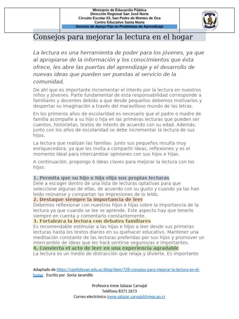 Consejos para Mejorar La Lectura en El Hogar | PDF | Escuelas | Aprendizaje