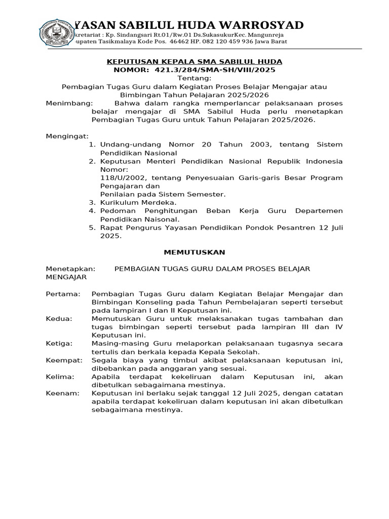 Pembagian Tugas Guru SMA Sabilul Huda 2025 | PDF
