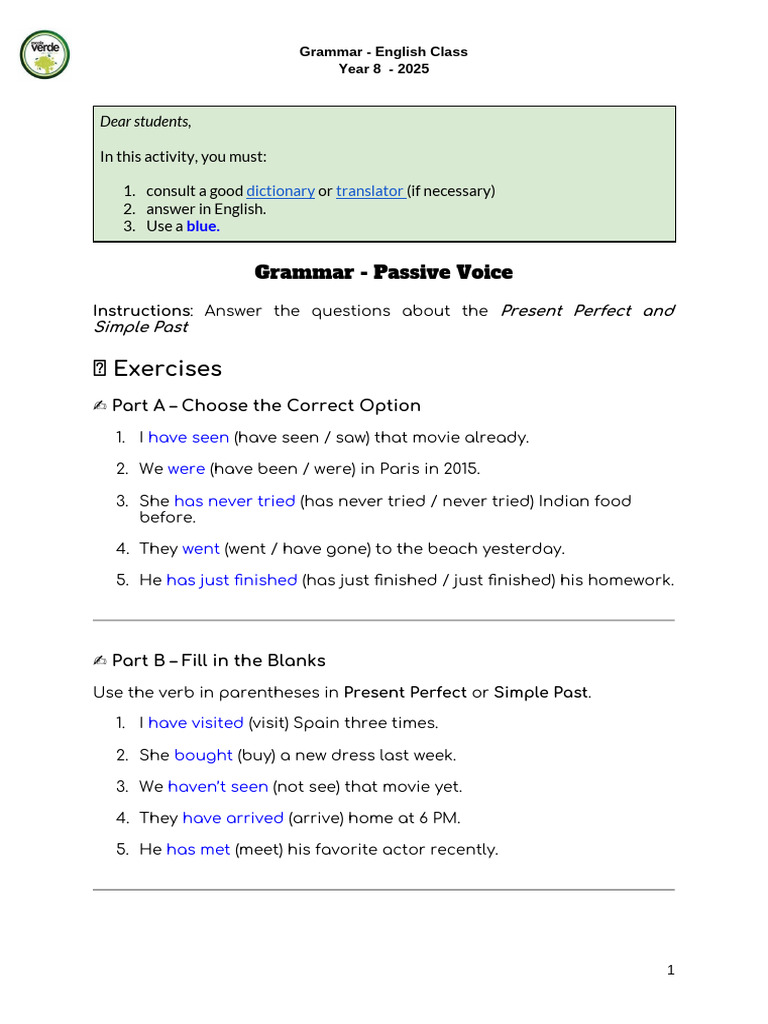 Luan Sfair - Classwork - Present Perfect and Simple Past - Year 8 - 2nd Tri - 2025 | PDF