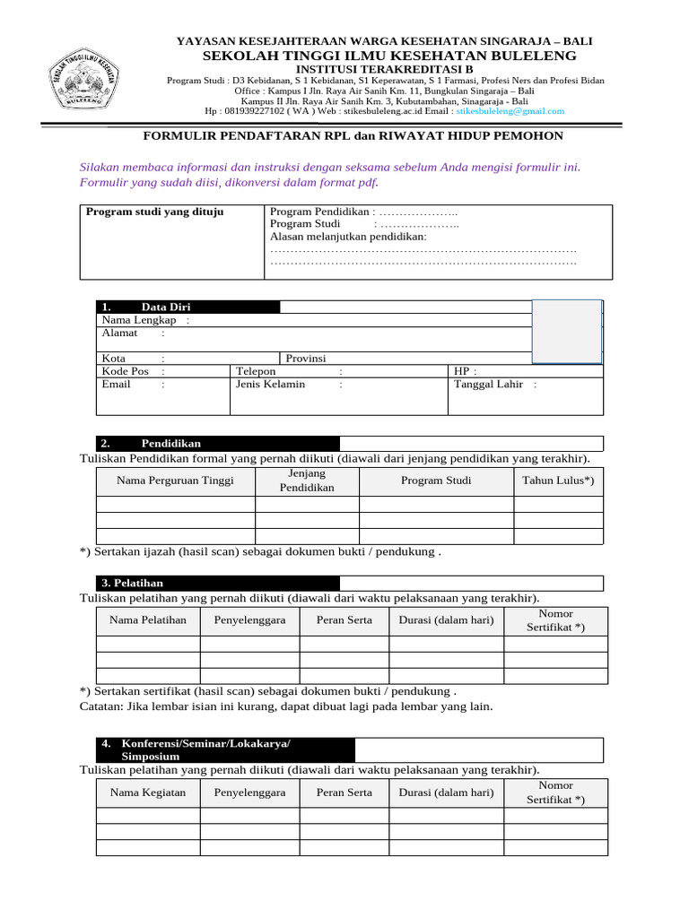Formulir Pendaftaran RPL STIKES Buleleng | PDF