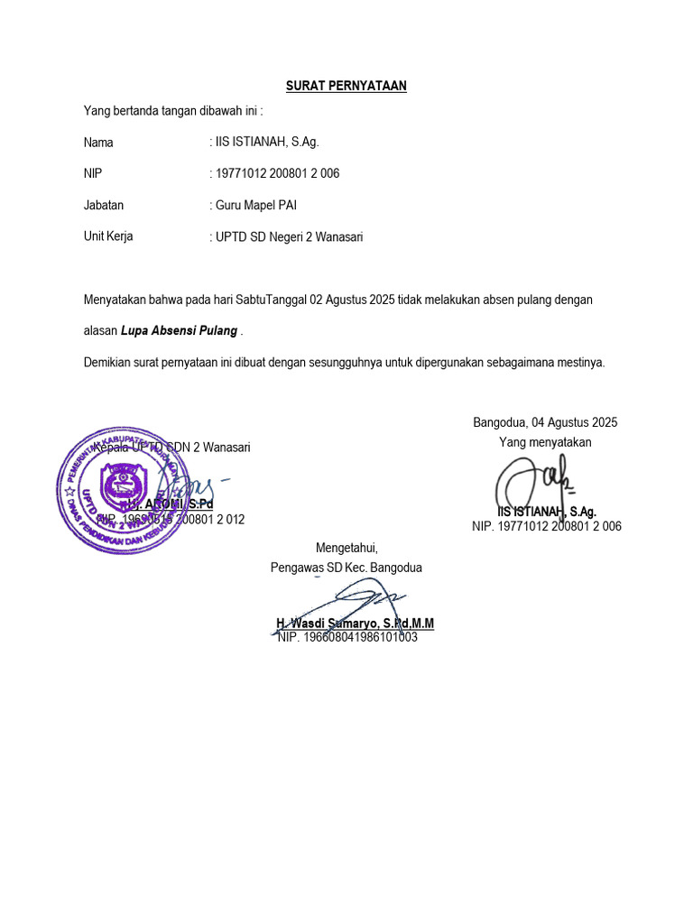 Surat Pernyataan Lupa Absen - Rina | PDF