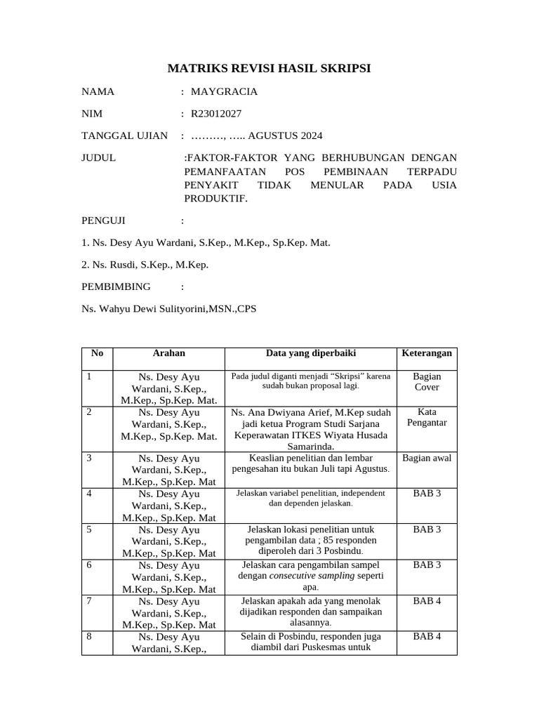 Matrix Revisi Sidang Skripsi Maygracia | PDF