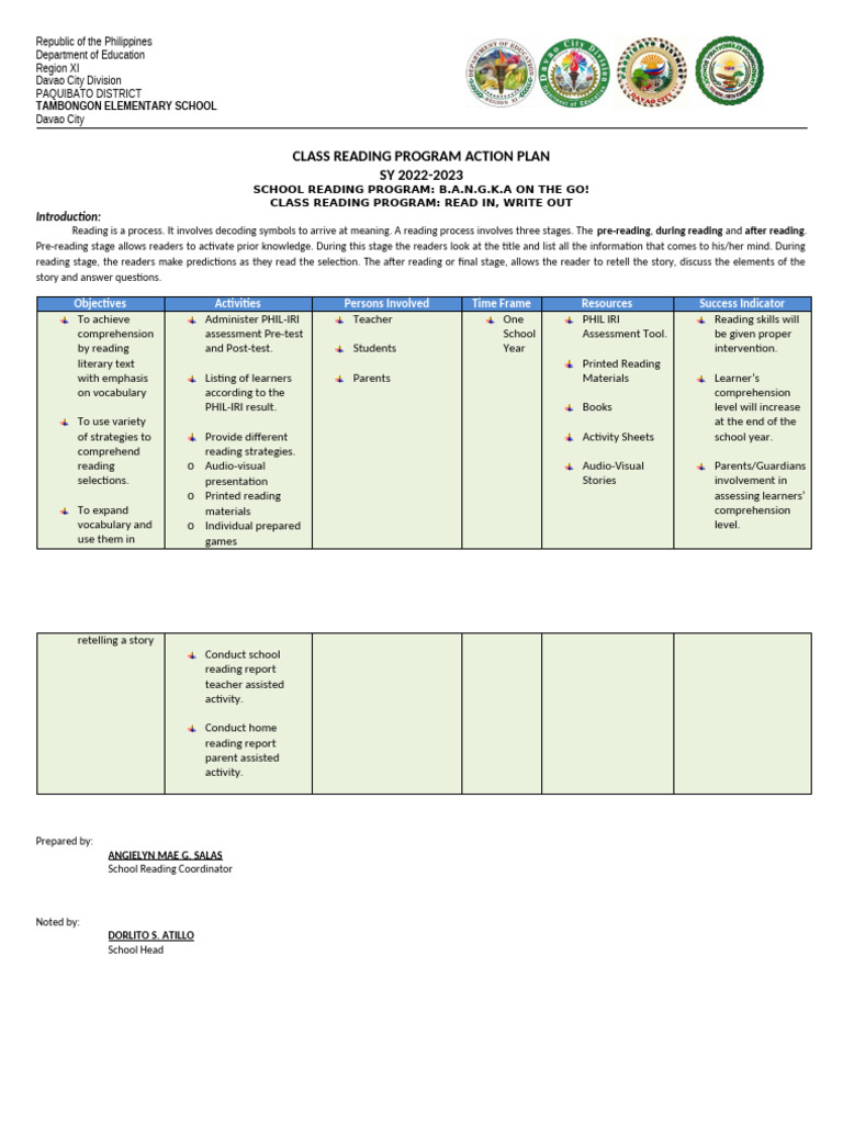 Class Reading Program Action Plan 2022-2023 | PDF | Reading Comprehension | Human Communication