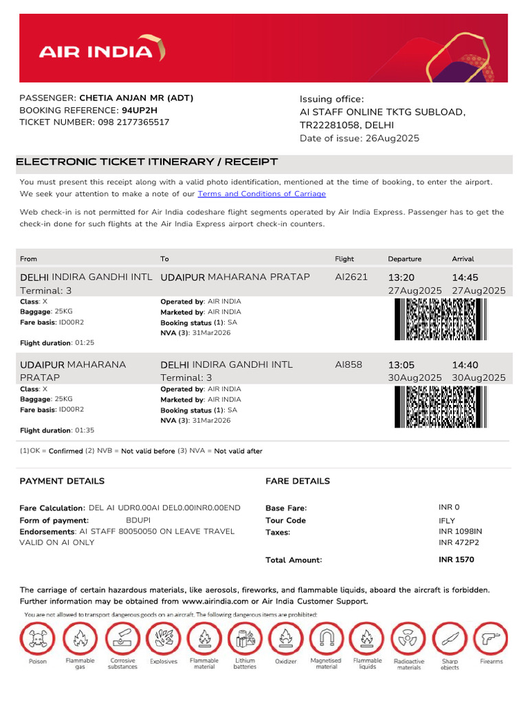 Air India Web Booking ETicket (94UP2H) - ANJAN | PDF