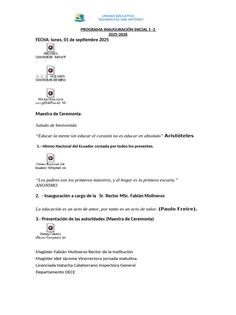 PROGRAMA INAUGURACIÓN 2025-2026 iniciales | PDF