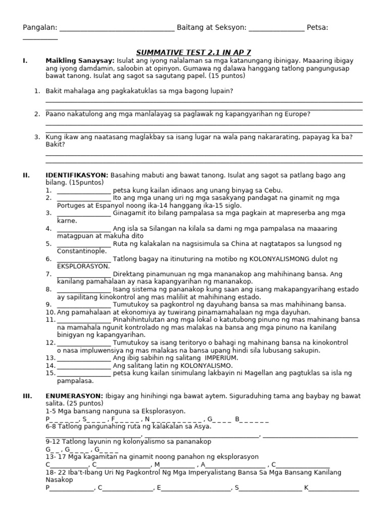 2.1 Summative Test in Ap 7 | PDF