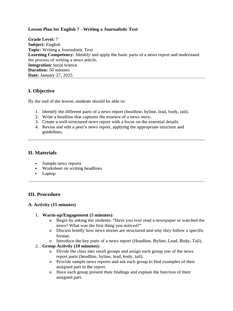 Journalistic Writing Lesson Plan for 7th Grade | PDF | News | Lesson Plan
