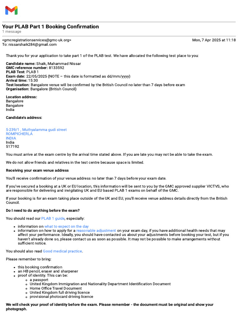 PLAB 1 Exam Confirmation in Bangalore | PDF | Identity Document