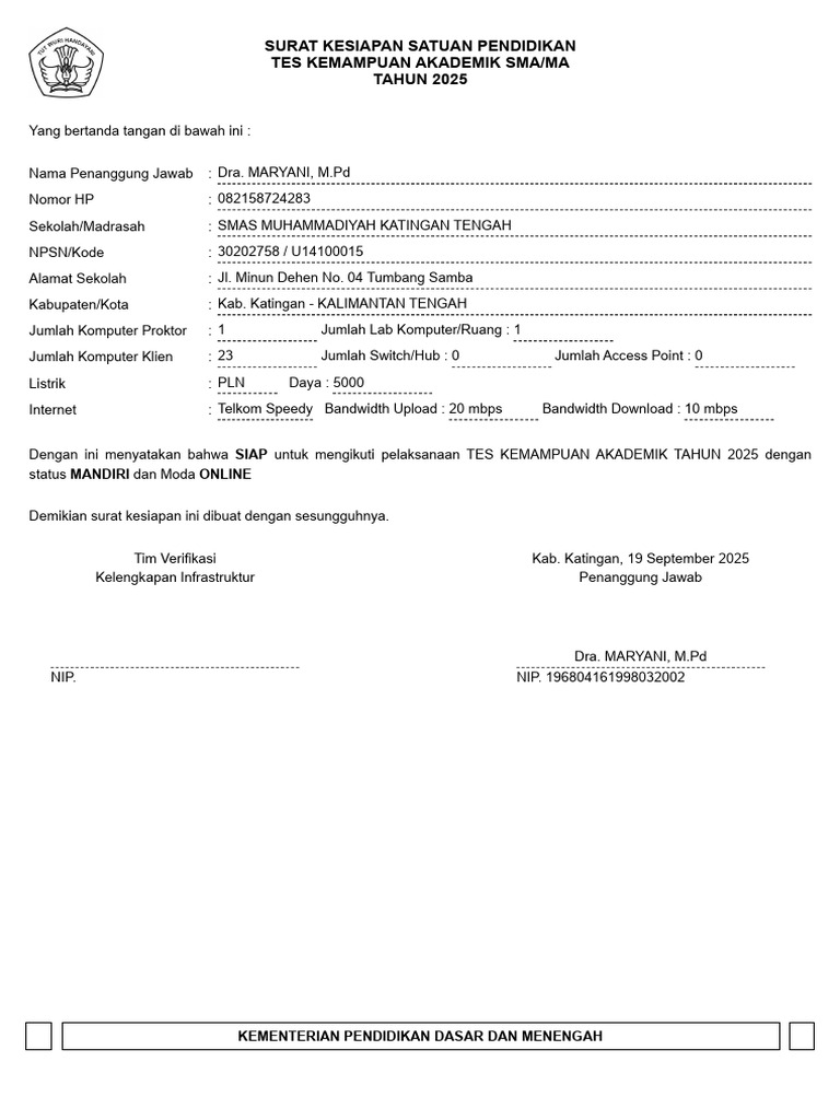 Surat Kesiapan TKA 2025 SMAS Muhammadiyah | PDF