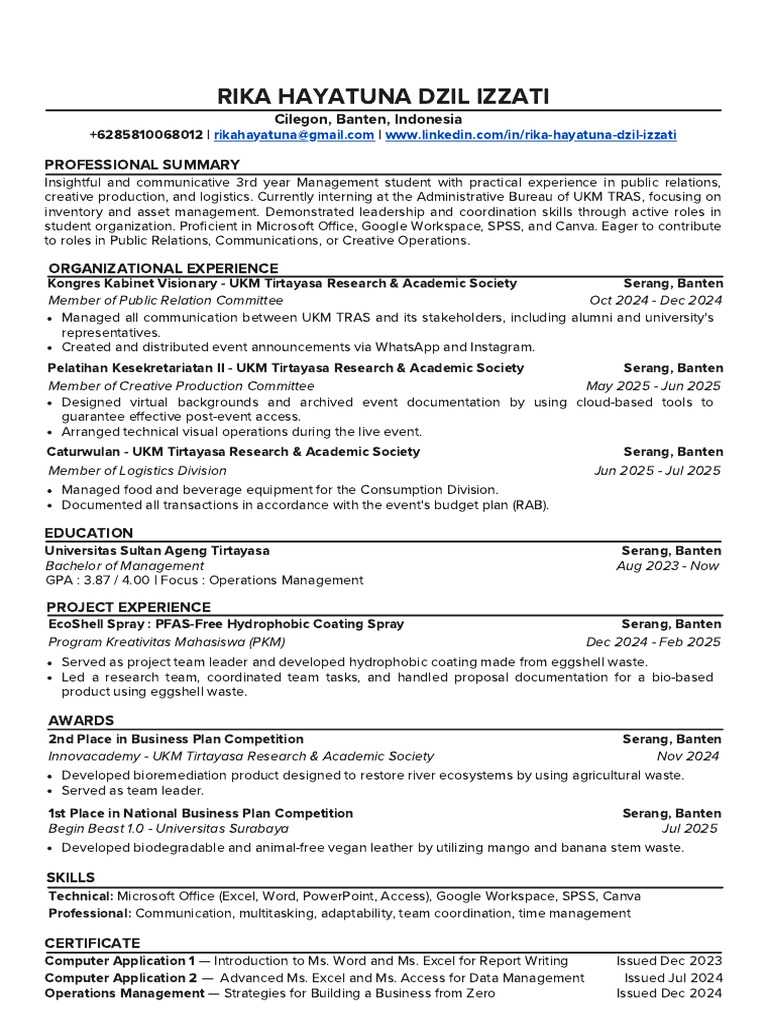 CV ATS - Rika Hayatuna - Rika Hayatuna | PDF | Computing | Business