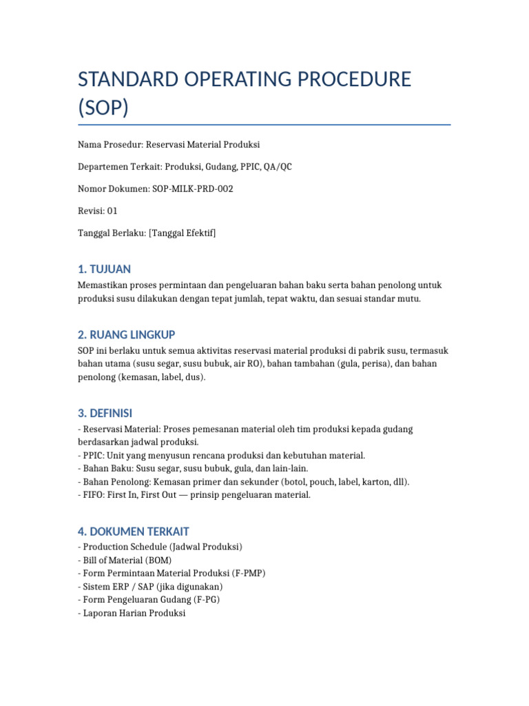 SOP Reservasi Material Produksi Susu | PDF