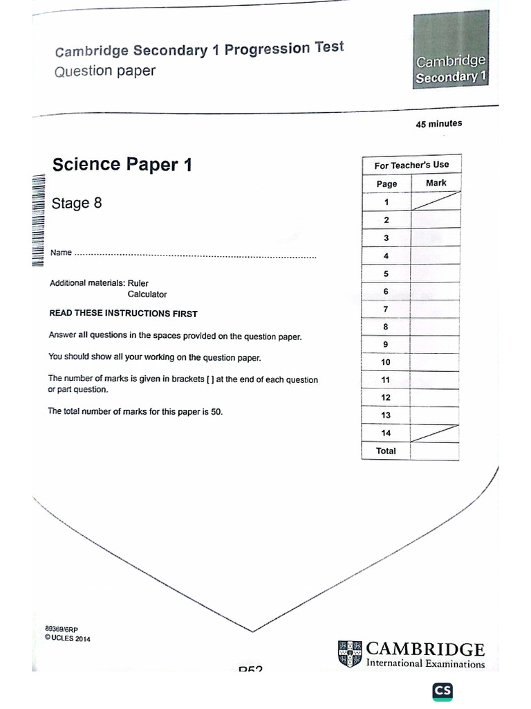 Cambridge Lower Secondary Progression Test - Science 2014 Stage 8 ...