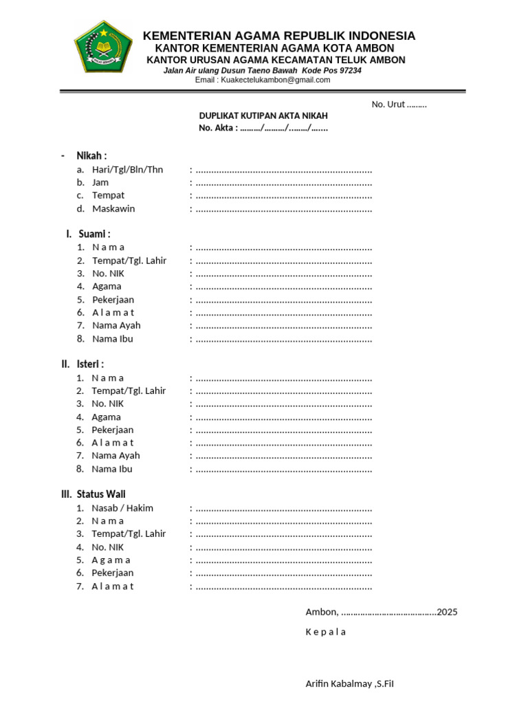 Duplikat Kutipan Akta Nikah Ambon | PDF