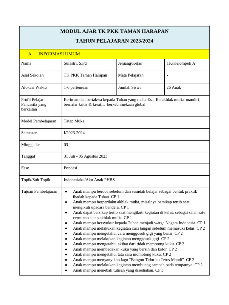 Modul Ajar Kelompok A (Aku Anak PHBS) | PDF