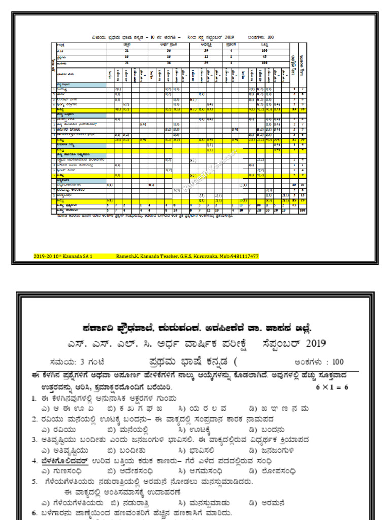 10th Kannada Sa 1 Question Paper With Key Answers | PDF