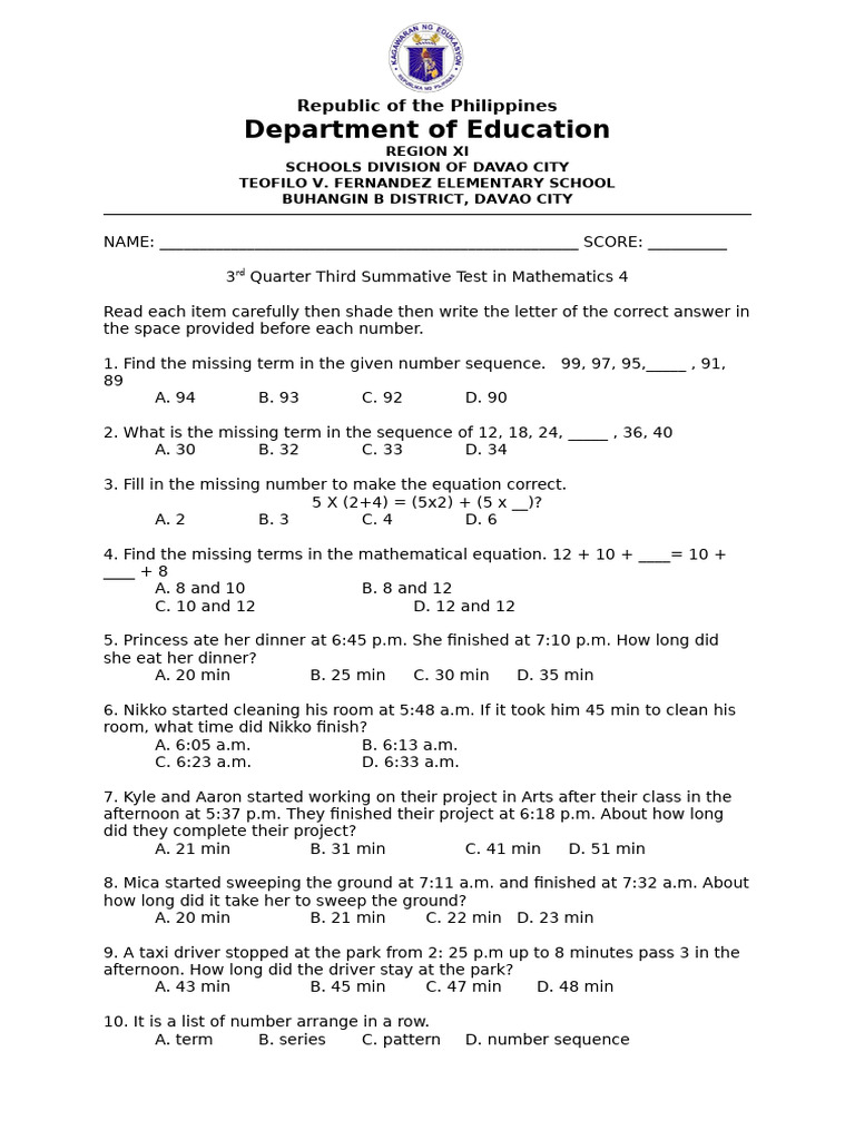 3rd Quarter Math Test for Grade 4 | PDF | Elementary Mathematics ...