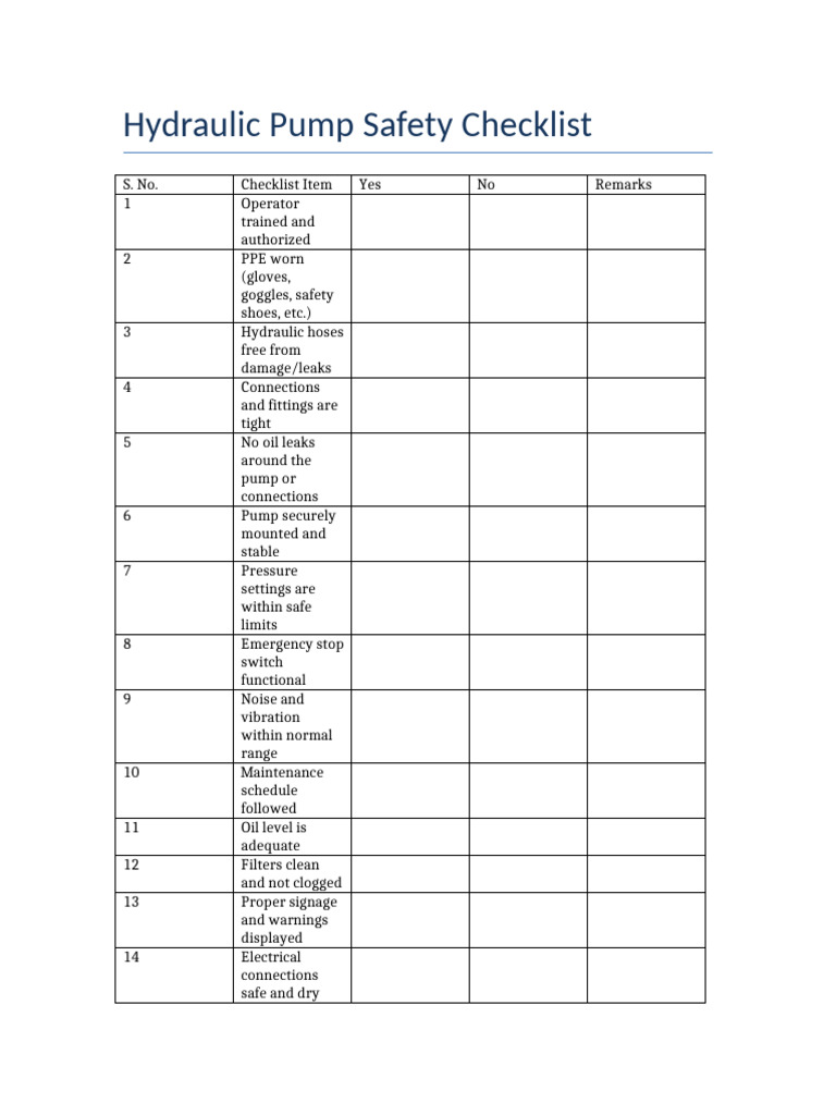 Hydraulic Pump Safety Checklist | PDF