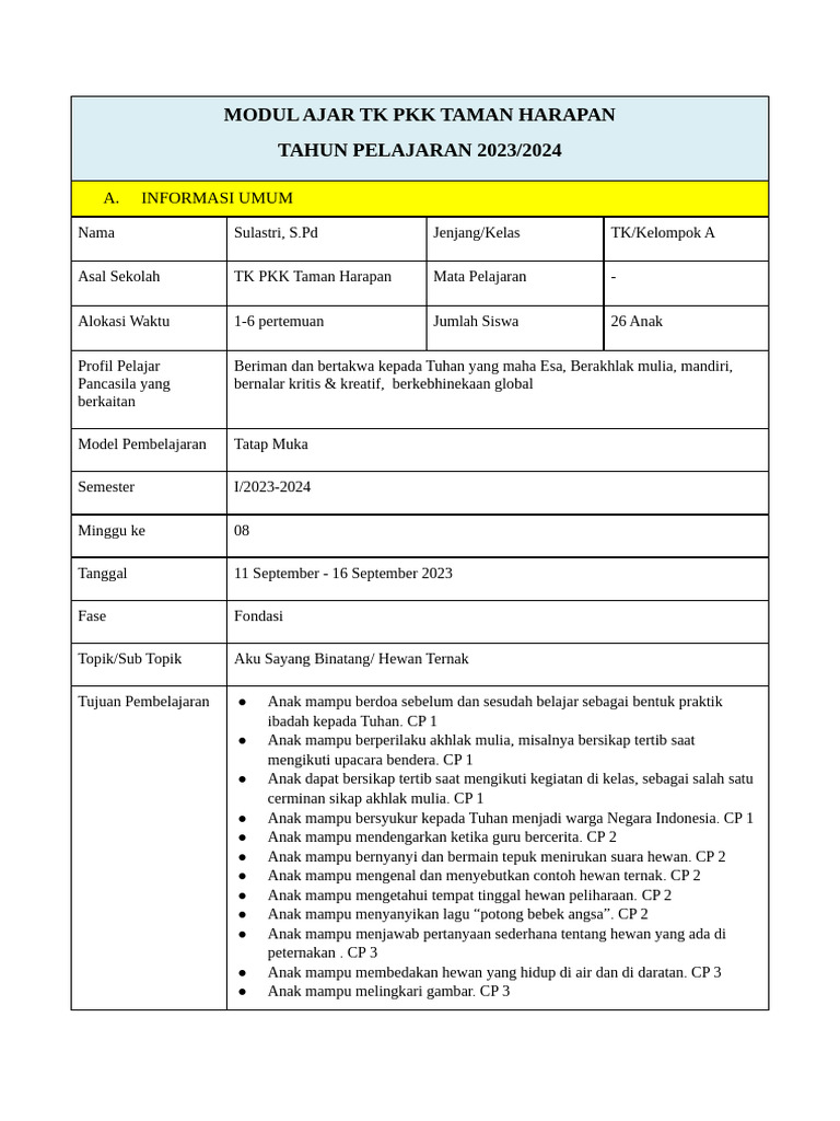 MODUL KEL A SUB TOPIK BINATANG TERNAK | PDF