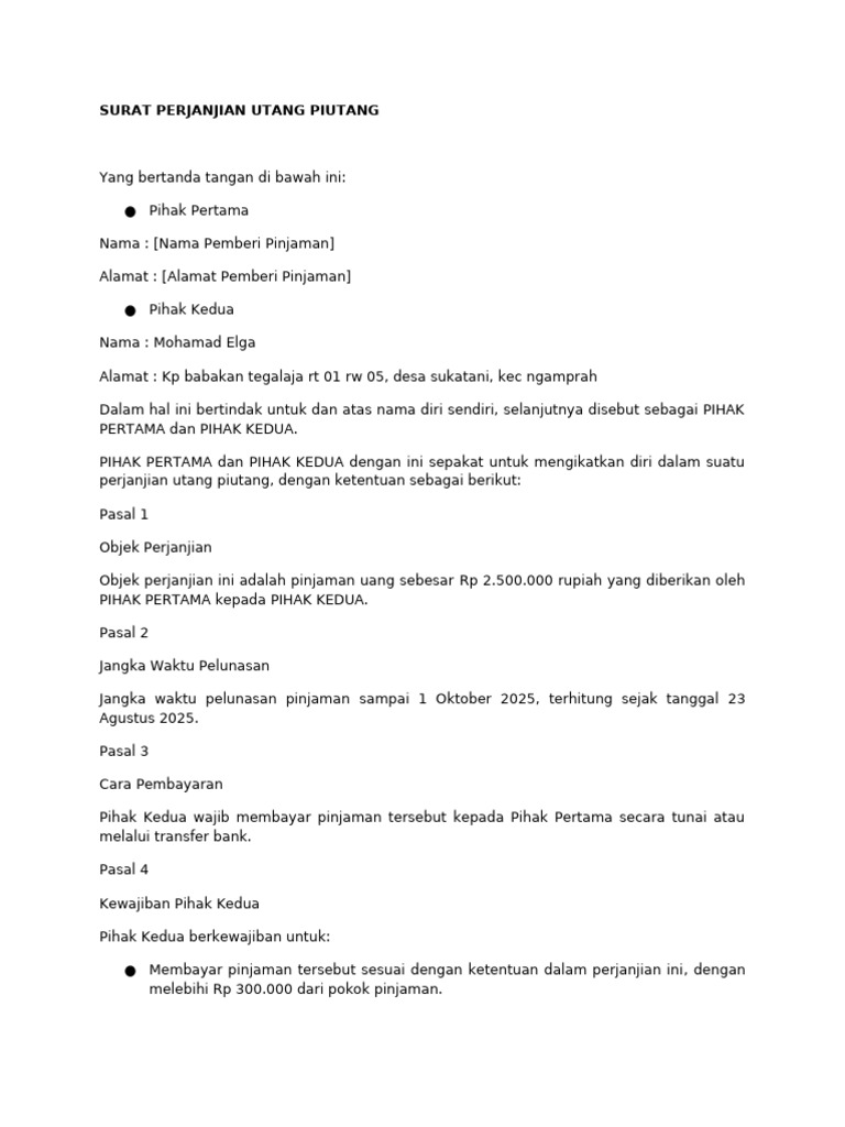 Perjanjian Utang Piutang Rp 2,5 Juta | PDF