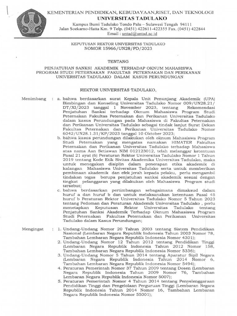 2023 - SK Rektor - Penjatuhan Sanksi Akademik Terhadap Oknum Mahasiswa ...