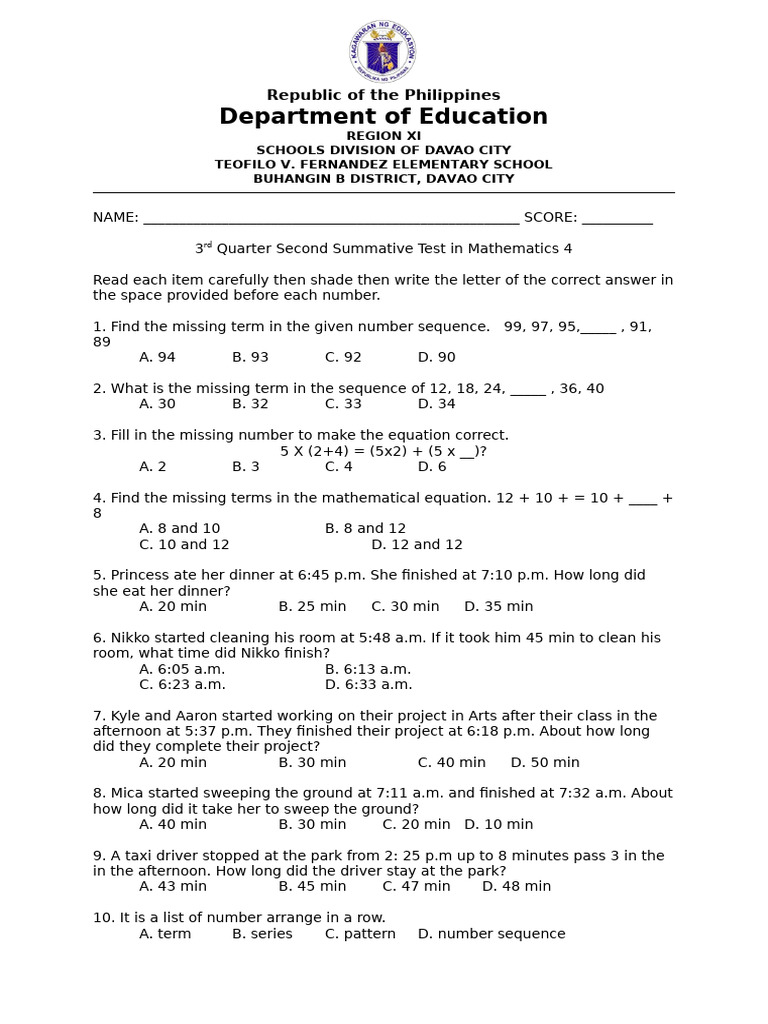3rd Quarter Math Test for Grade 4 | PDF | Euclidean Geometry ...