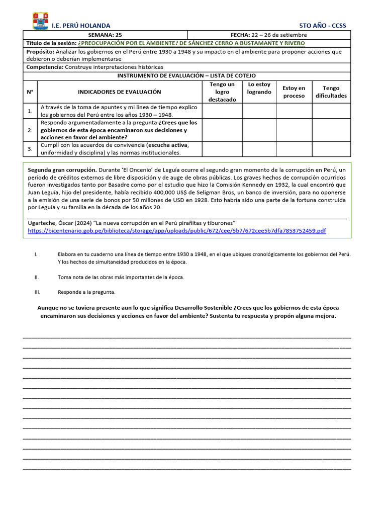 SEMANA 25 - Ficha de Trabajo - 5to - CCSS | PDF | Perú