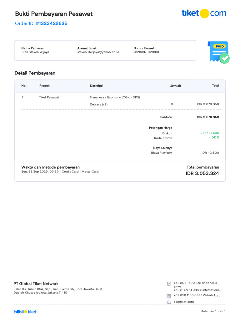 Tiket Pesawat Transnusa untuk Steven Wijaya | PDF