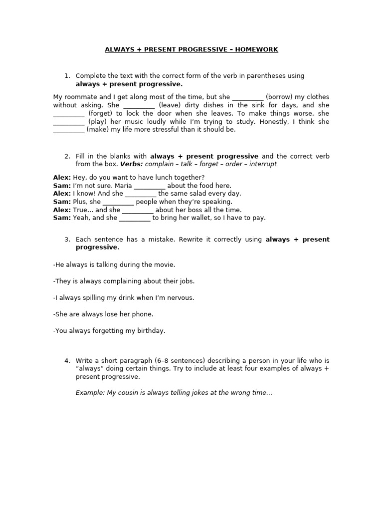 Always Present Progressive - Homework | PDF