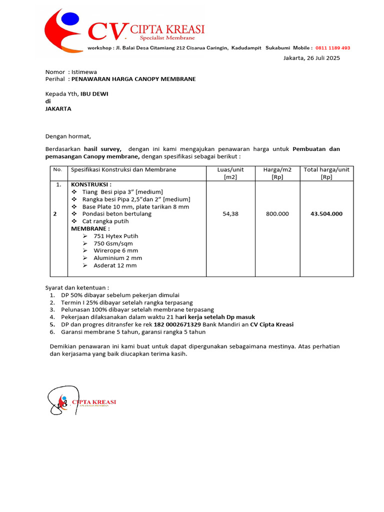 Penawaran Harga Canopy Membrane Jakarta | PDF