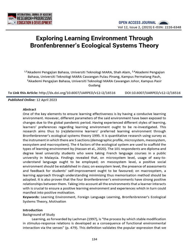 Exploring Learning Environment Through Bronfenbrenners Ecological ...