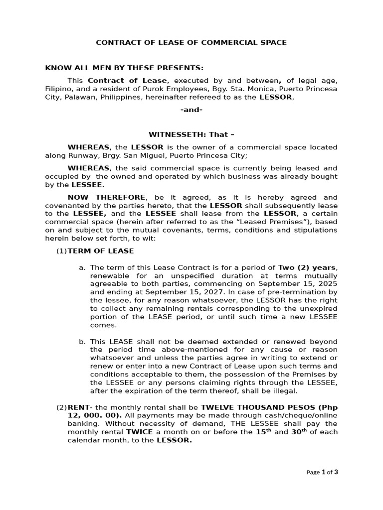 Contract of Lease of Commercial Space | PDF | Lease | Land Law