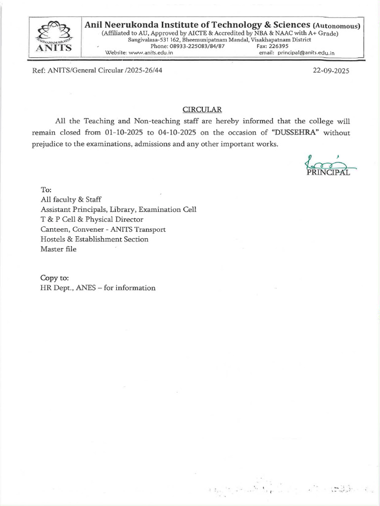 Dussehra Holiday Circular For Facutly & Staff | PDF
