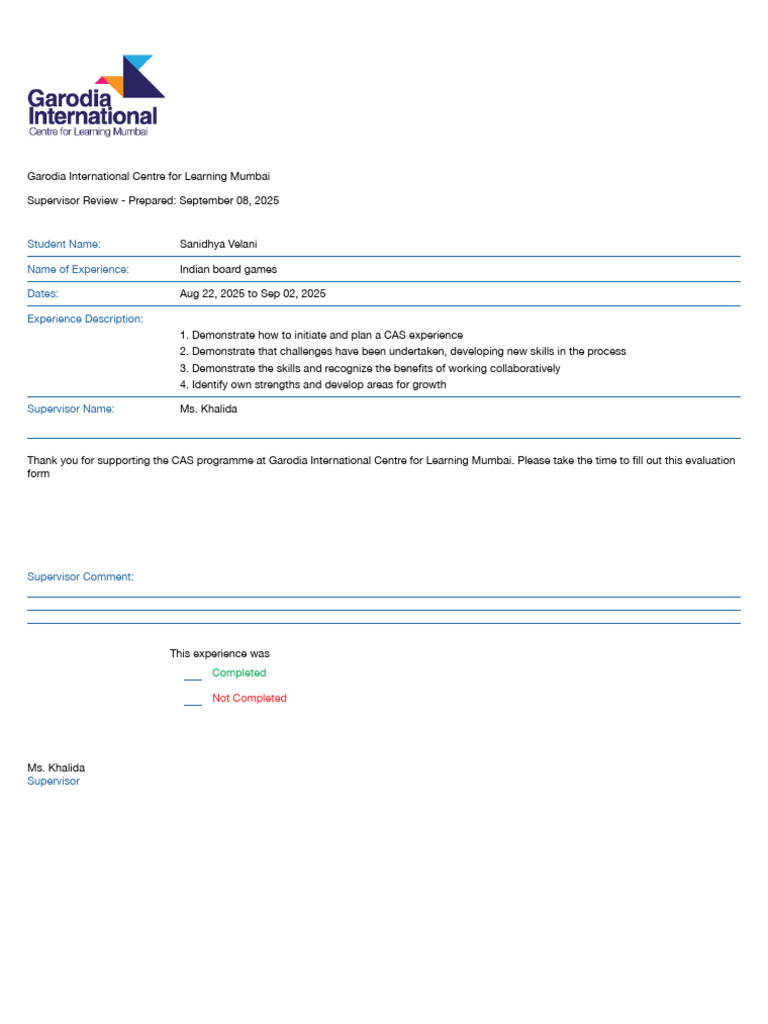 CAS Completion Form - Velani Sanidhya - Indian Board Games | PDF