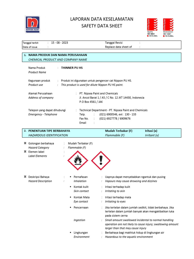 Msds Thinner Pu Hs | PDF